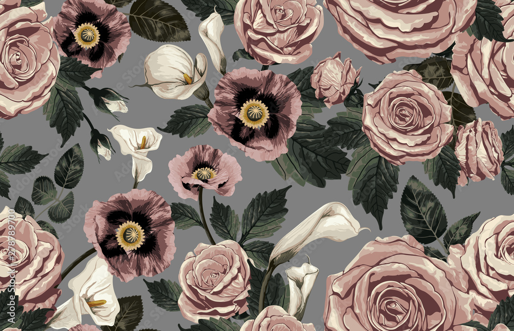 Elegant pattern of blush toned rustic flowers isolated in a solid ...