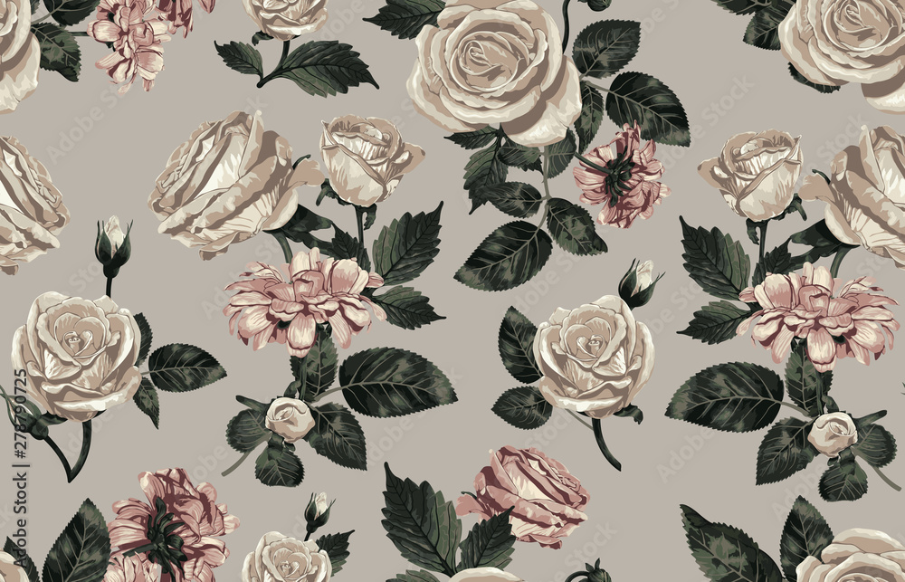 Elegant pattern of blush toned rustic flowers isolated in a solid ...