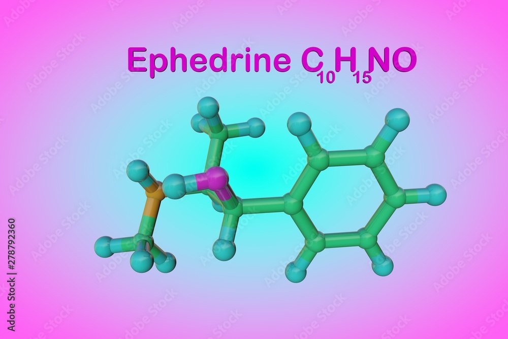 Structural chemical formula and molecular model of ephedrine. Ephedrine ...