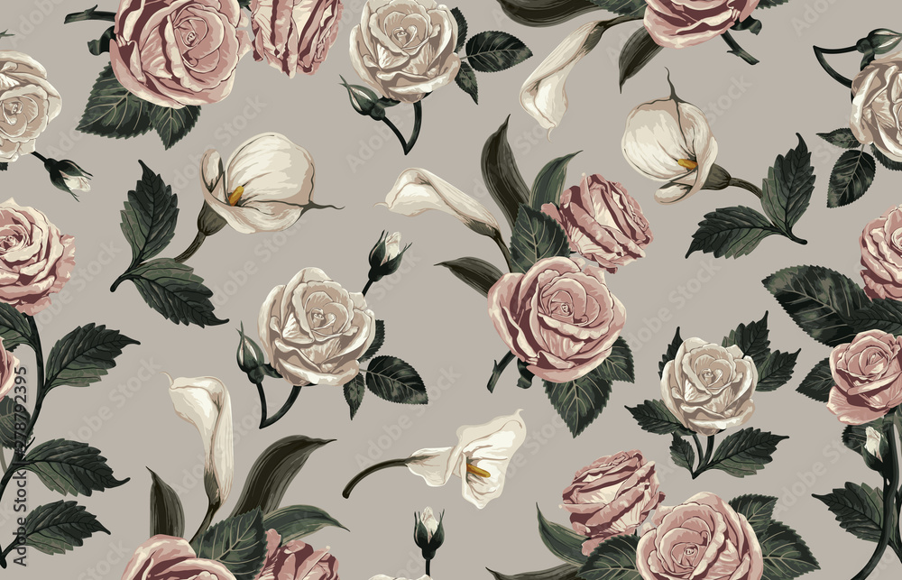 Elegant pattern of blush toned rustic flowers isolated in a solid ...