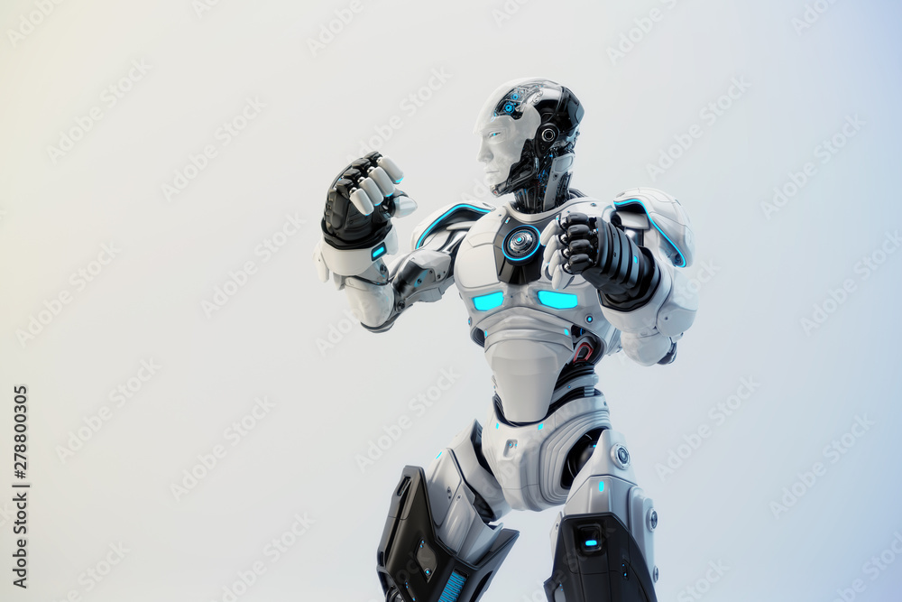 White robot boxer in rack stand, 3d rendering Stock Illustration ...