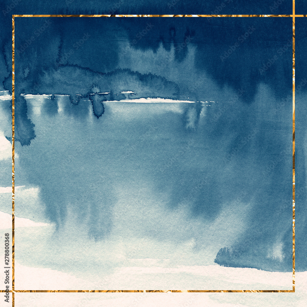 Navy blue watercolor background with gold frame Square Card template ...