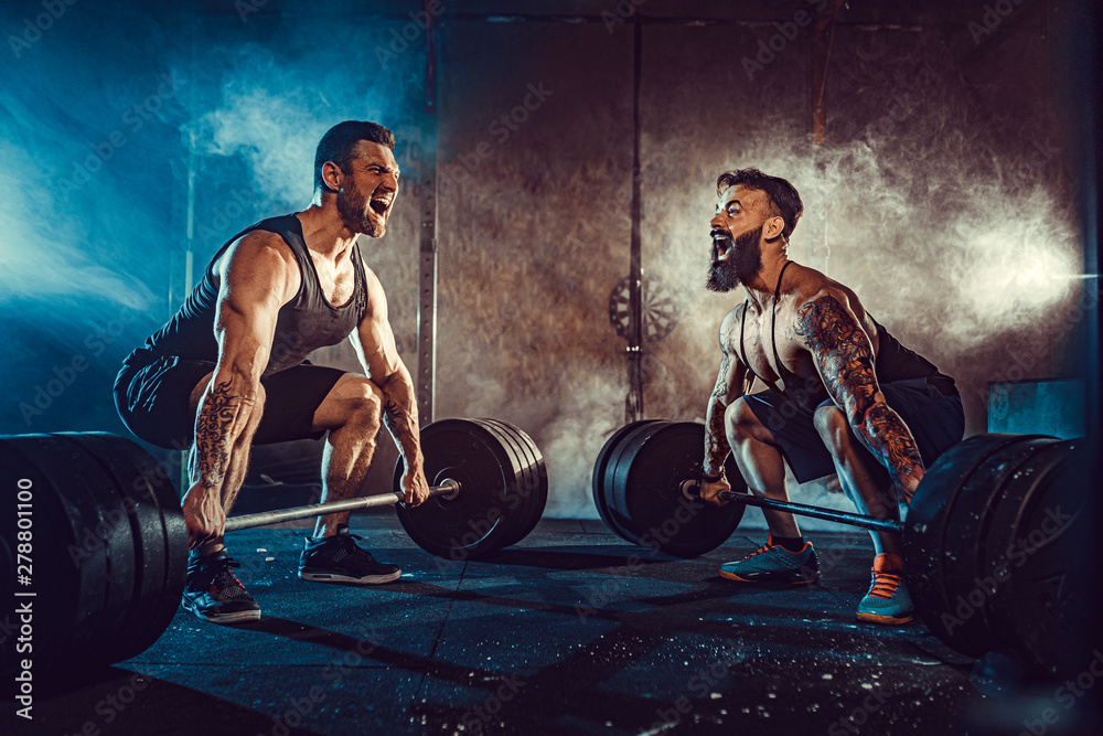 Two muscular bearded tattoed athletes training, lifting heavy weight ...