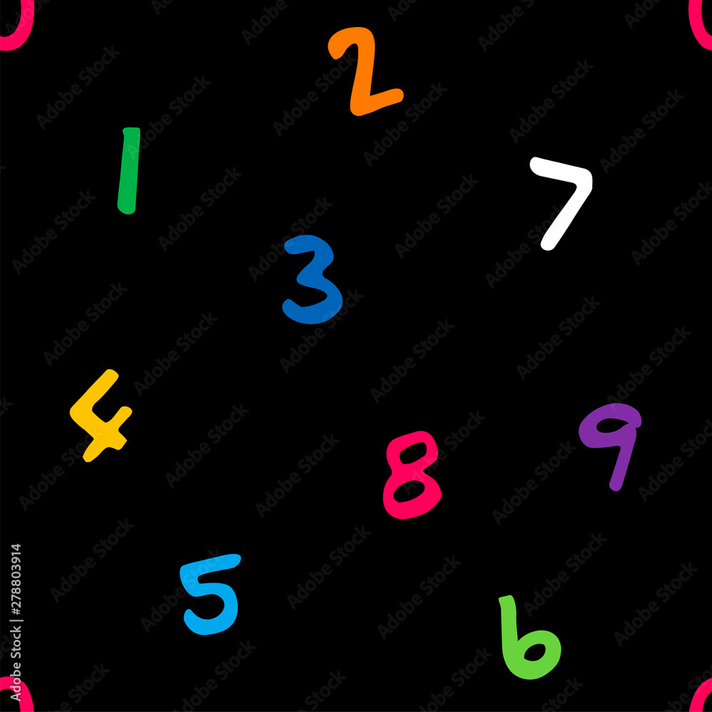 Numbers flat vector seamless pattern. Multicolor symbols on black ...
