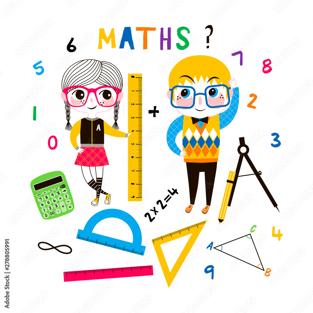 Children at maths lesson flat vector illustrations set. Cute smart ...