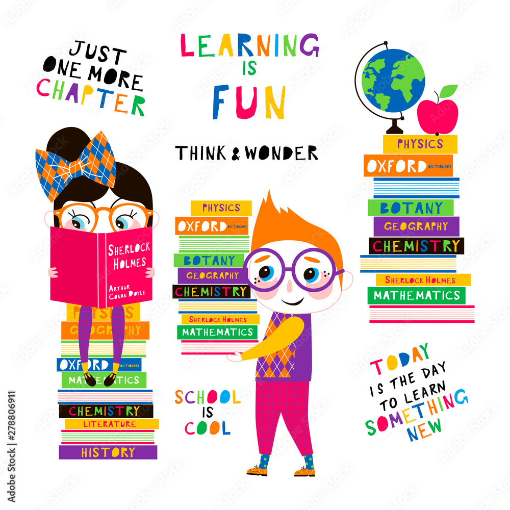 Children at literature lesson flat vector illustrations set. Cute smart ...