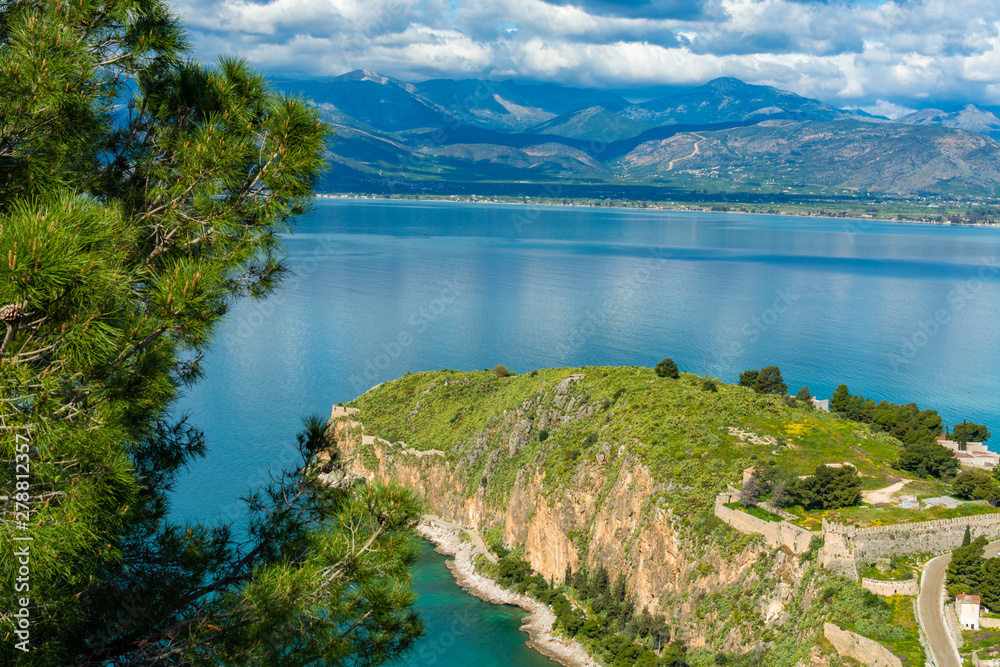 Landscape with view on Nafplio, seaport town in the Peloponnese in ...