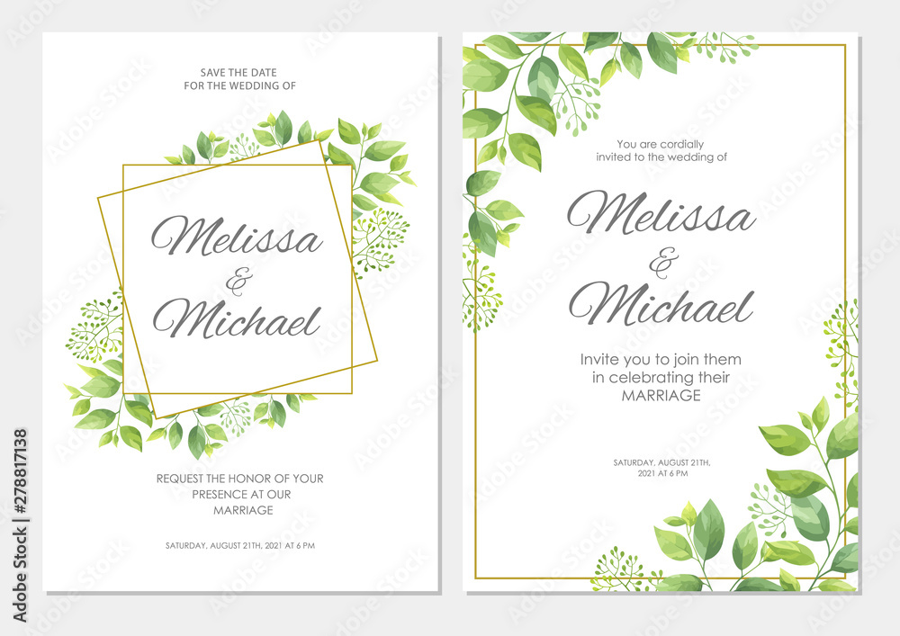 Wedding invitation with green leaves border. Floral invite card ...