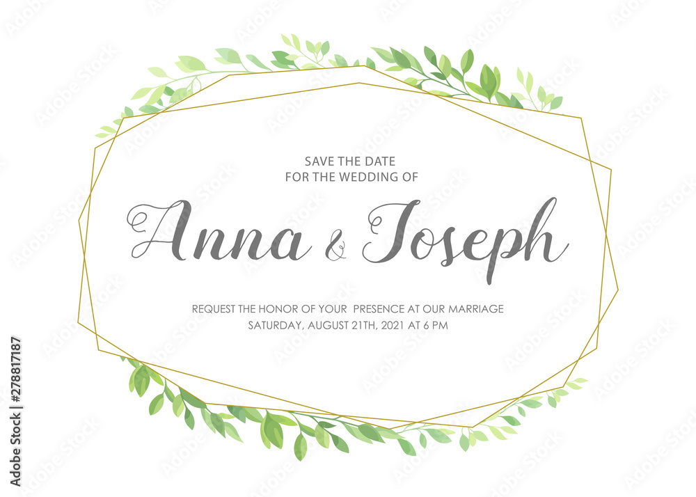 Wedding invitation with green leaves border. Floral invite card ...