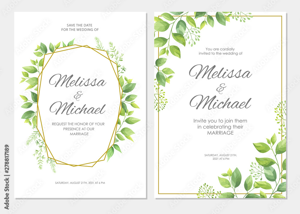 Wedding invitation with green leaves border. Floral invite card ...