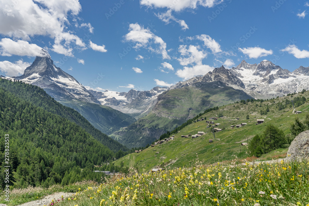 traditional wooden houses in the village of Findeln, high above of ...
