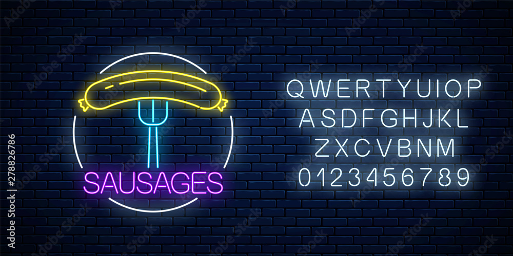 Neon glowing sign of sausages in circle frame with alphabet. Fastfood ...