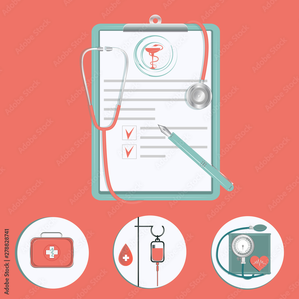 Icons - suitcase. First aid, dropper, tonometer, Clipboard, letterhead ...