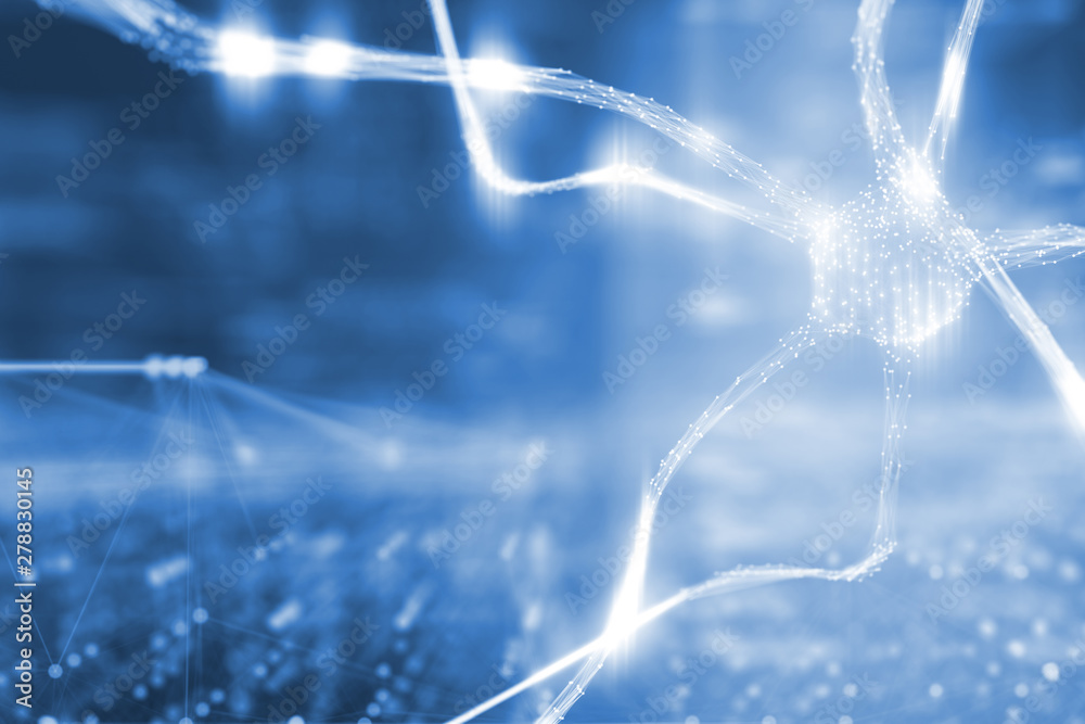 Artistic bright blue colored neuron cell in the brain on digital copy ...