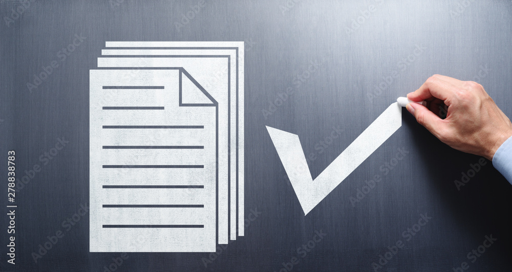 Document management concept. Businessman drawing documents and check ...