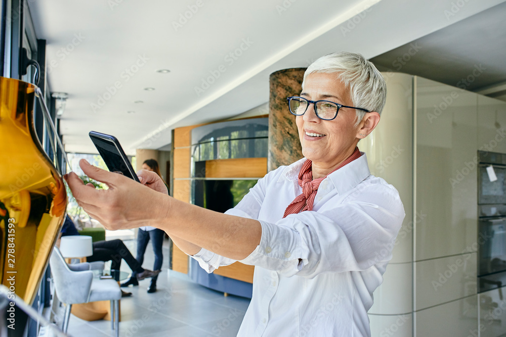 Mature woman scanning price tag with a smartphone in a showroom Stock ...