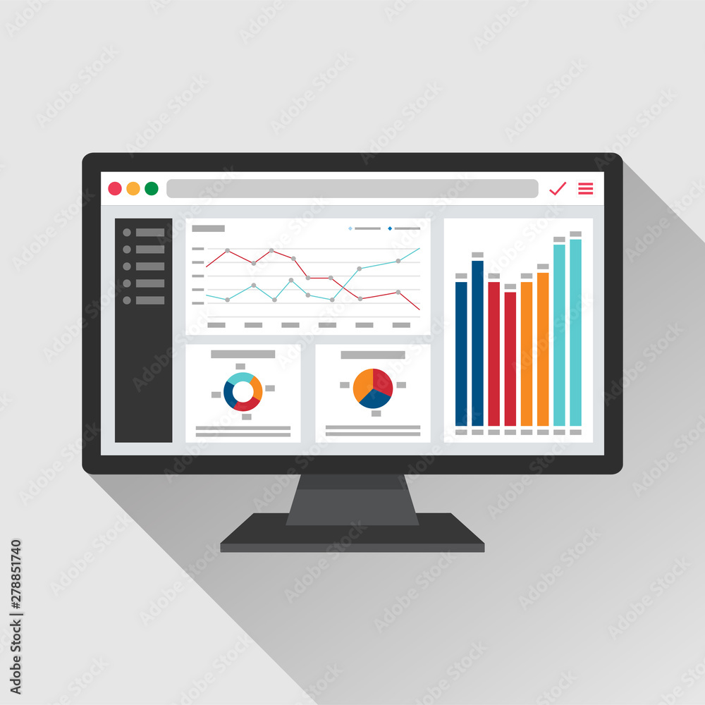Web analytic information on Computer screen flat icon. trend graphs ...