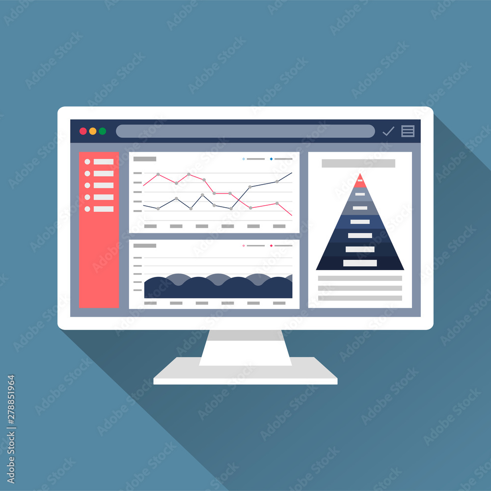 Web analytic information on Computer screen flat icon. trend graphs ...