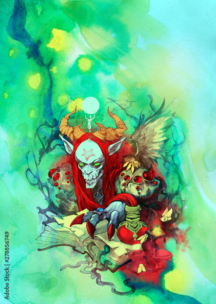 Fantasy esoteric portrait illustration of a weird and sinister skeleton ...