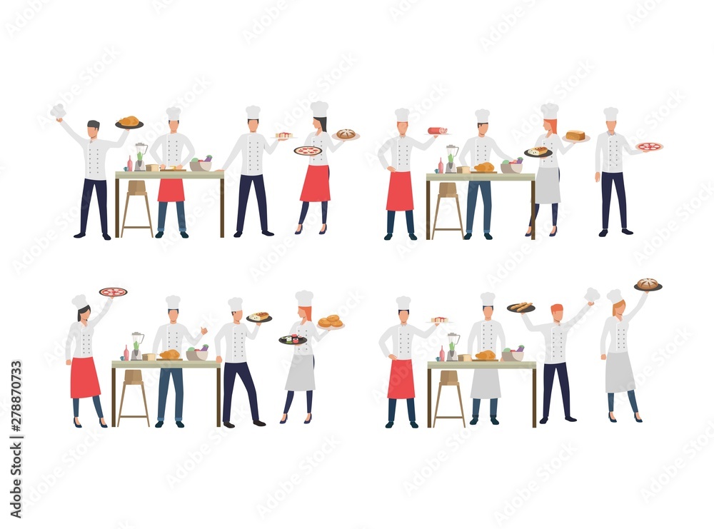 Set of chefs with various dishes. Flat cartoon characters of cooks ...