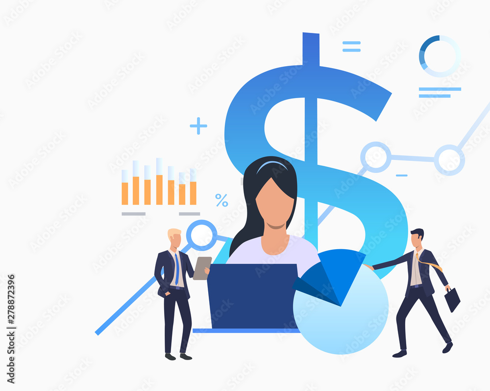 Team of auditors working for company. Working on laptop, diagram ...