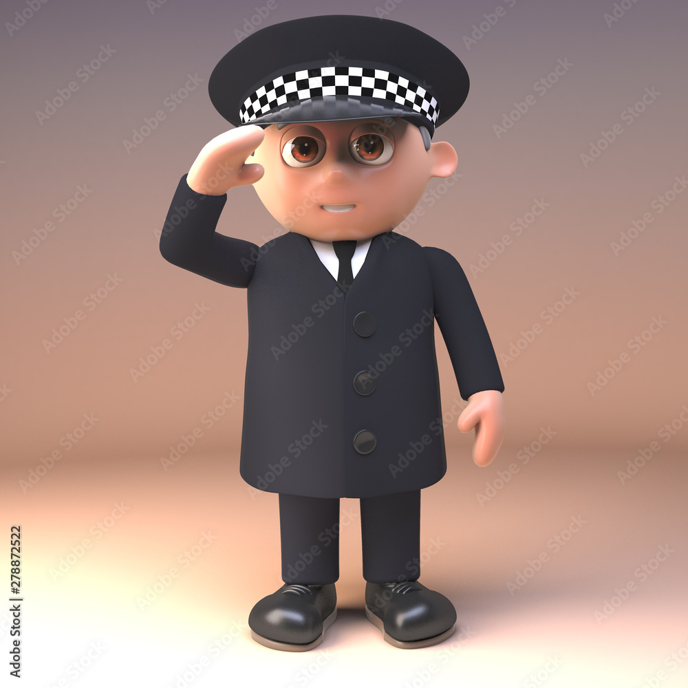 3d cartoon police officer on duty in uniform stands to attention and ...