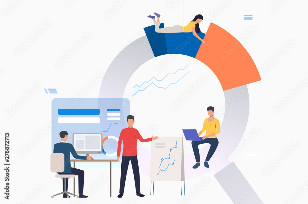 Marketing group working on reports. Building diagram, presentation ...