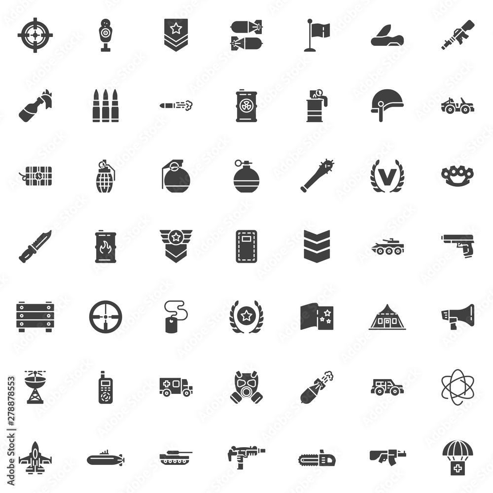 Military theme vector icons set, modern solid symbol collection, filled ...