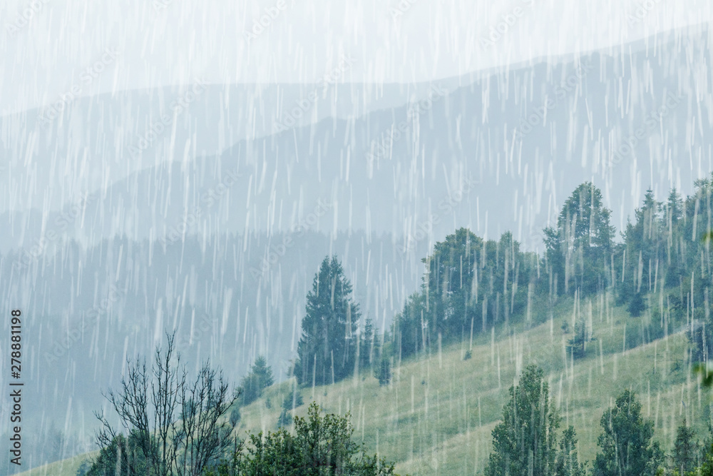 Rain over forest mountains. Misty mountain landscape hills at rainy day ...