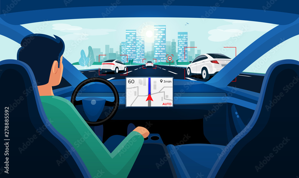 Autonomous smart driverless electric car self-driving on road to city ...