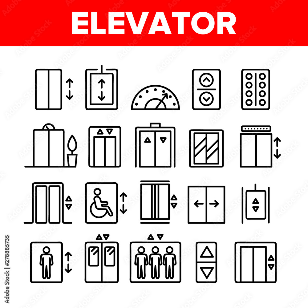 Passenger Elevator, Lift Vector Linear Icons Set. Condominium Indoor ...