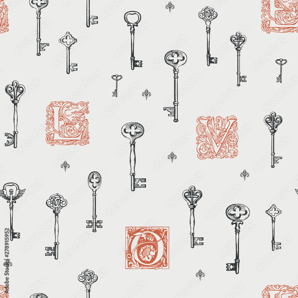 Vector seamless pattern on the theme of love with vintage keys and ...