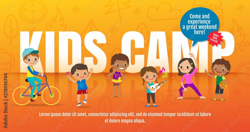 kids camp concept with children with many activities cartoon vector ...