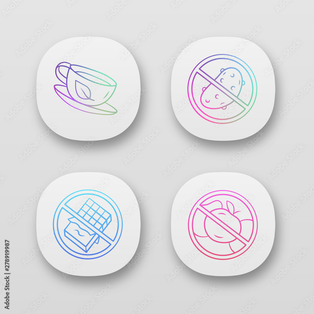 Low carbs diet app icons set. No glucose and carbohydrate diabetic ...