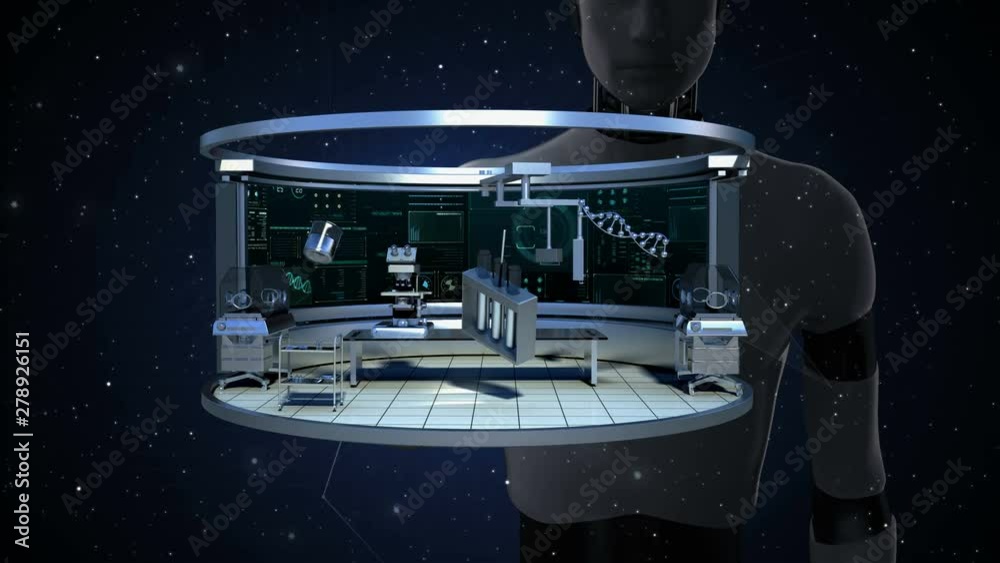 Robot, cyborg touching Laboratory, Future Biotechnology LAB. 4k ...