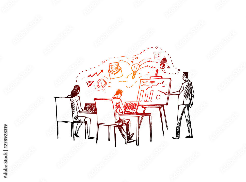 Sketch illustration of successful business people making strategy and ...