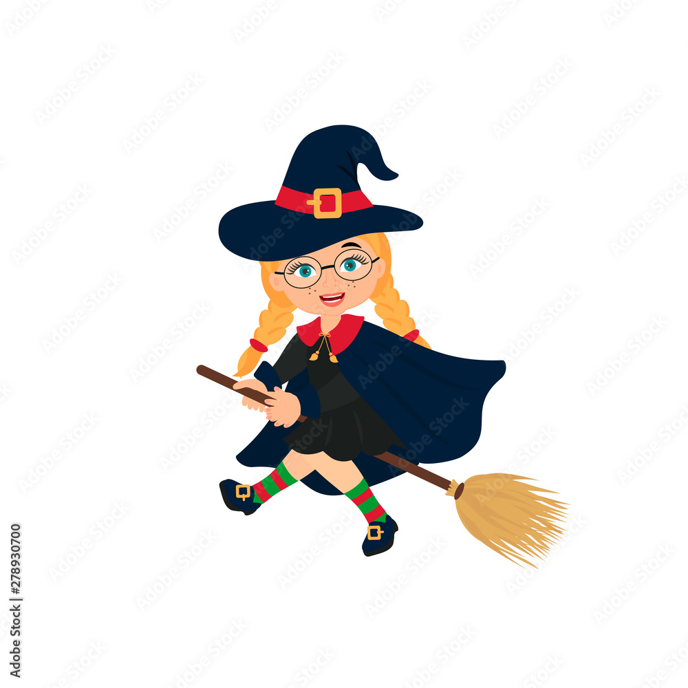 Cute little child dressed in costume witch on a broomstick. Halloween ...