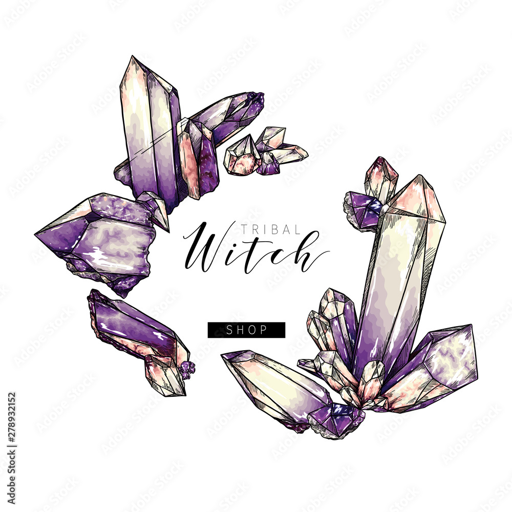 Hand drawn crystal cluster. Vector composition. Mineral illustration ...