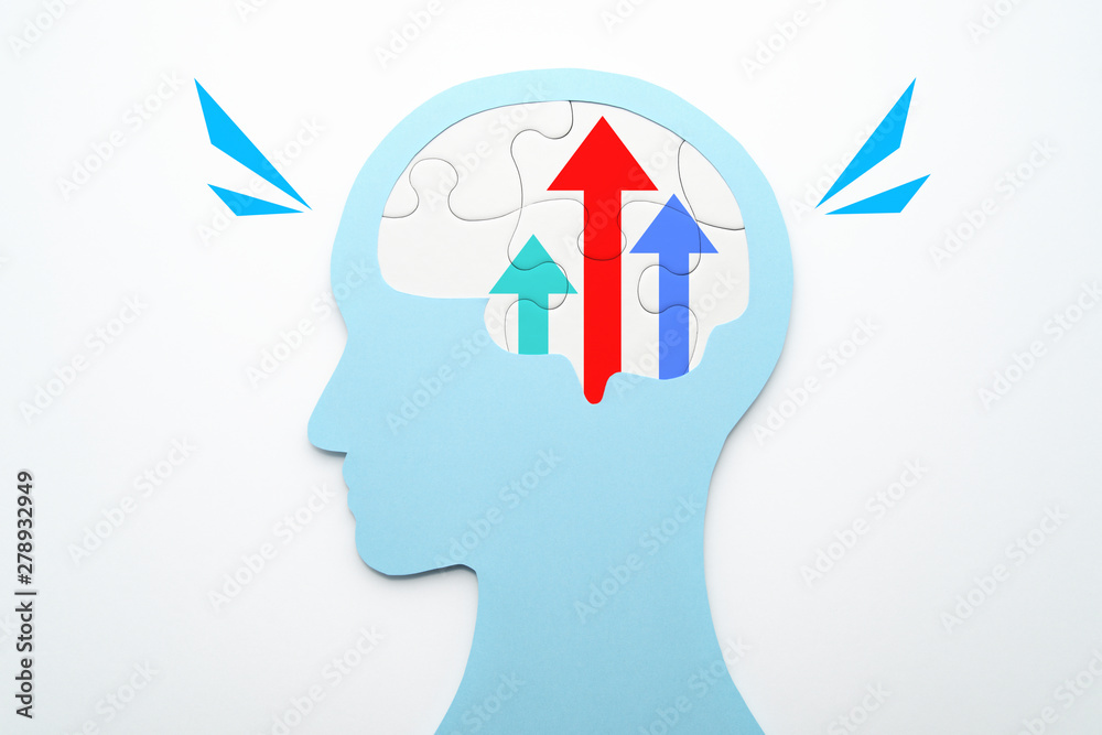 Motivation and improvement concept. Three growth arrows in brain. Head ...