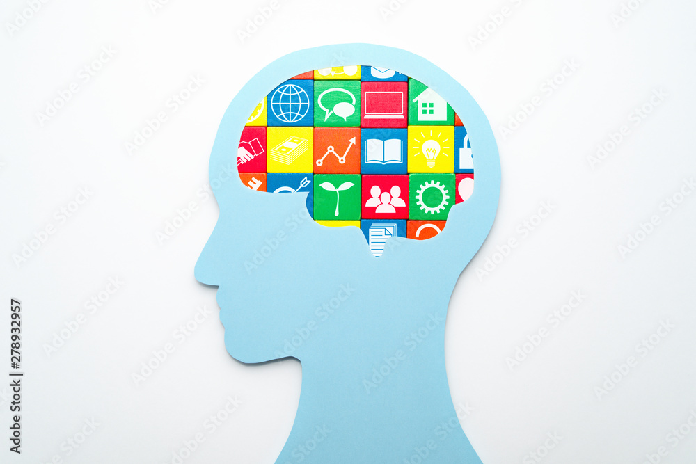 Knowledge and brain concept. Head silhouette and brain shaped cube ...