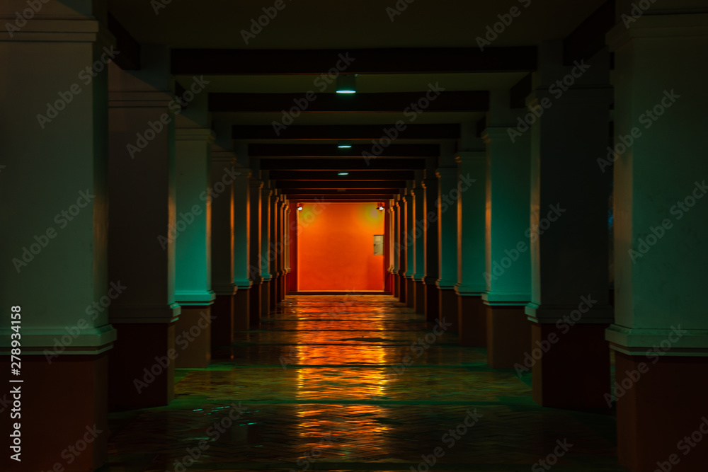 Night exterior view of the hallway architecture of Museum of Industrial ...