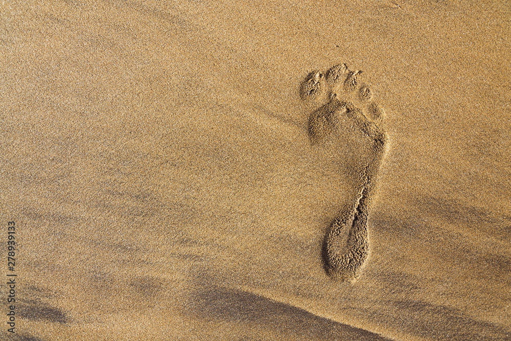 Single human barefoot footprint of right foot in brown yellow sand ...