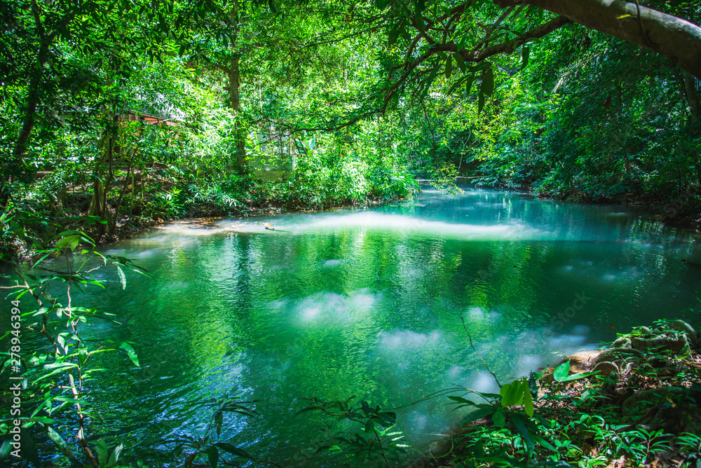 Landscape Waterfall Than Bok Khorani. Colorful forest in the rainy ...