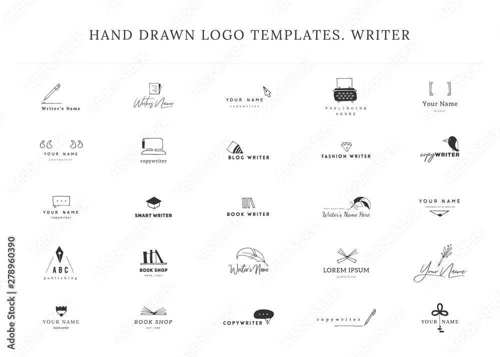 Writing, publishing and copywrite theme. Set of hand drawn vector logo ...
