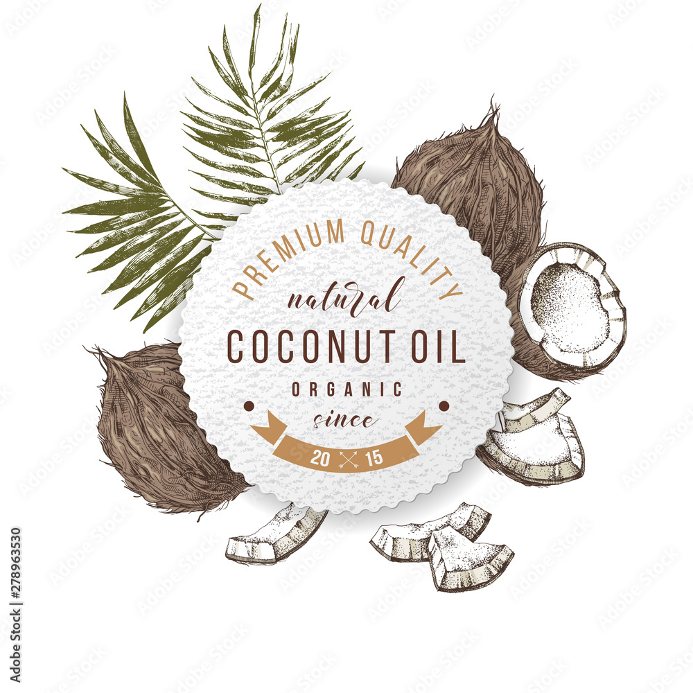 Coconut oil label with type design over hand drawn coconuts and leaves ...