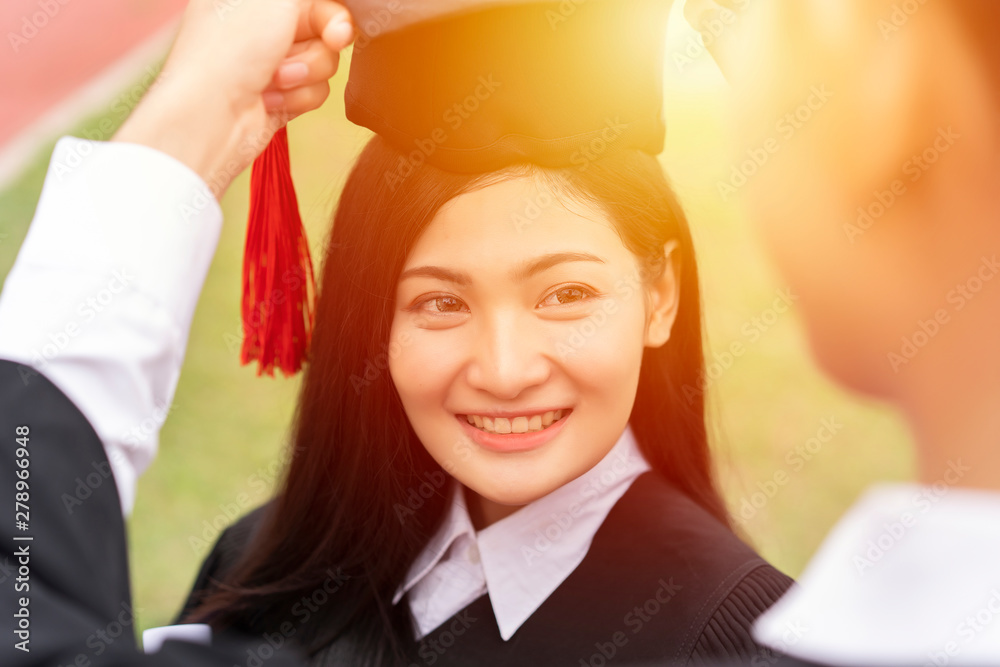 Concept of Graduation,beautiful young Asian woman student with friends ...