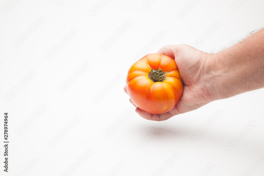 Foto de Tomate en la mano de una persona adulta. Tomate sobre fondo ...