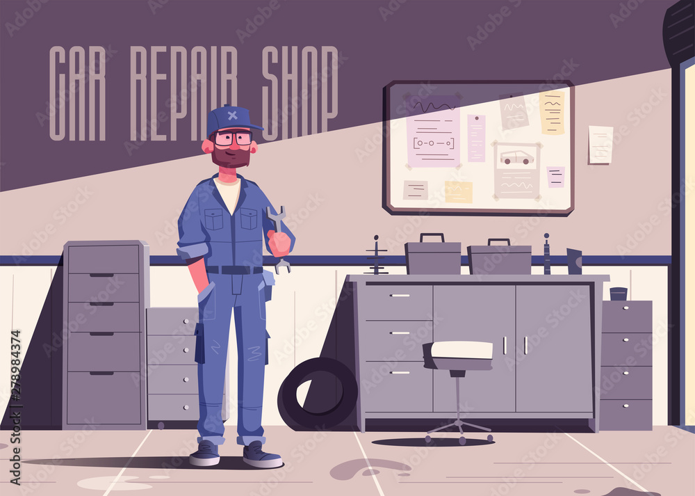 Car repair shop. Cartoon vector illustration. Garage indoor. Mechanic ...