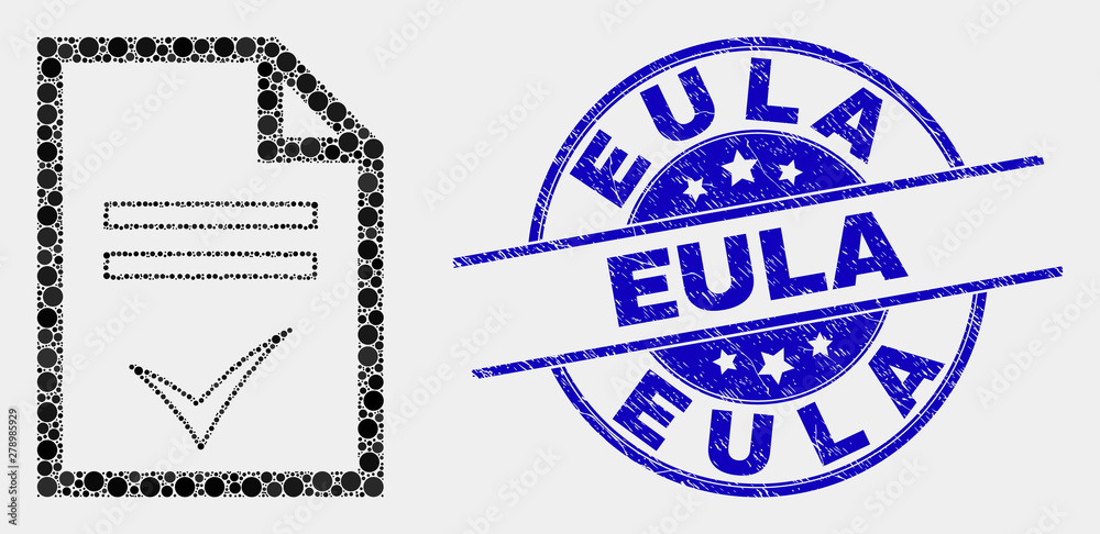 Pixelated agreement page mosaic icon and Eula seal. Blue vector round ...