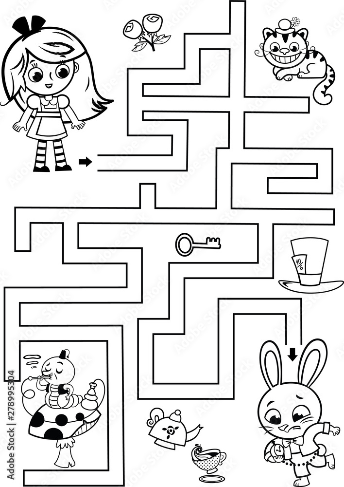 Black and white maze game for children in ‘Alice in Wonderland’ theme ...